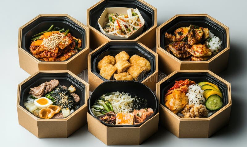 A Variety of Asian Food is Displayed in Boxes Stock Photo - Image of ...