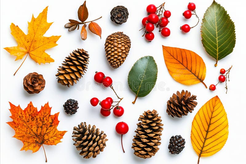 A Variety of Autumn Leaves Pine Cones and Berries on a White Surface ...