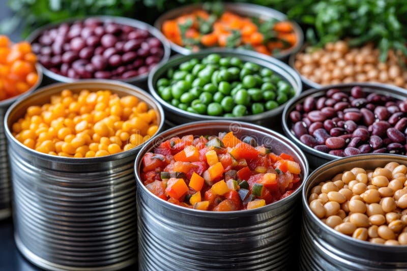 Variety of Beans and Chopped Vegetables in Open Cans Displayed Aga ...
