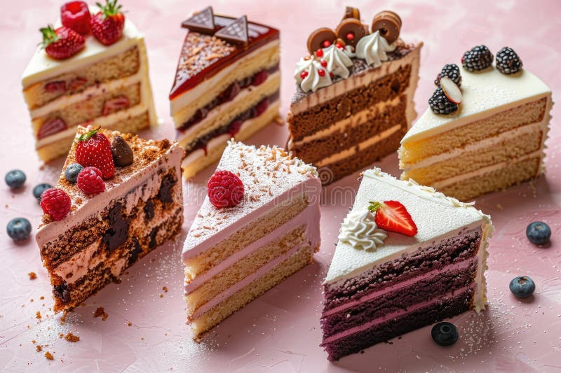 Variety of Beautifully Decorated Cake Slices Arranged on a Pink Surface ...