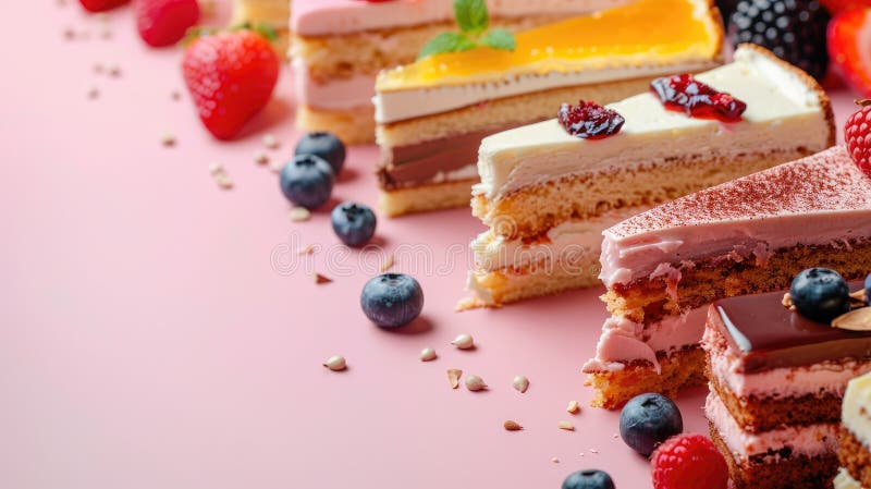 Variety of Beautifully Decorated Cake Slices Arranged on a Pink Surface ...