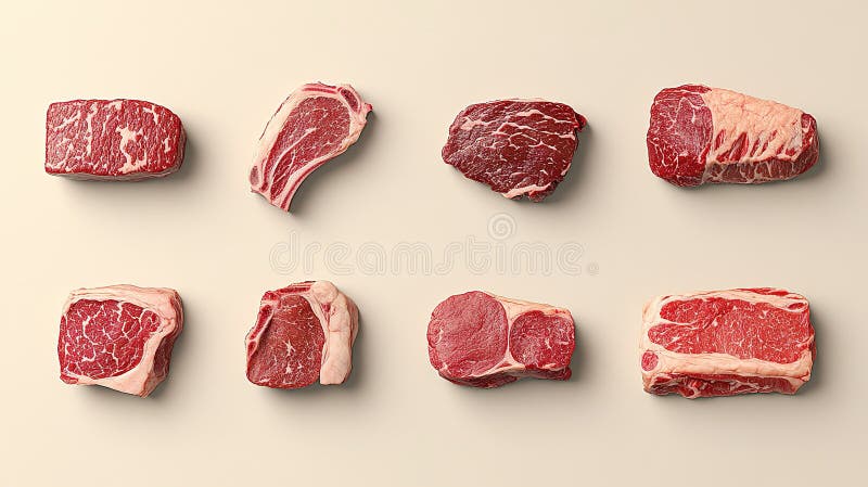 Variety of Beef Cuts Displayed on a Neutral Background Showcasing ...