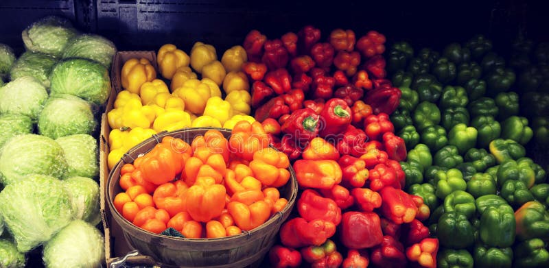 Variety of Bell Peppers on Display for Sale in Market Stock Photo ...
