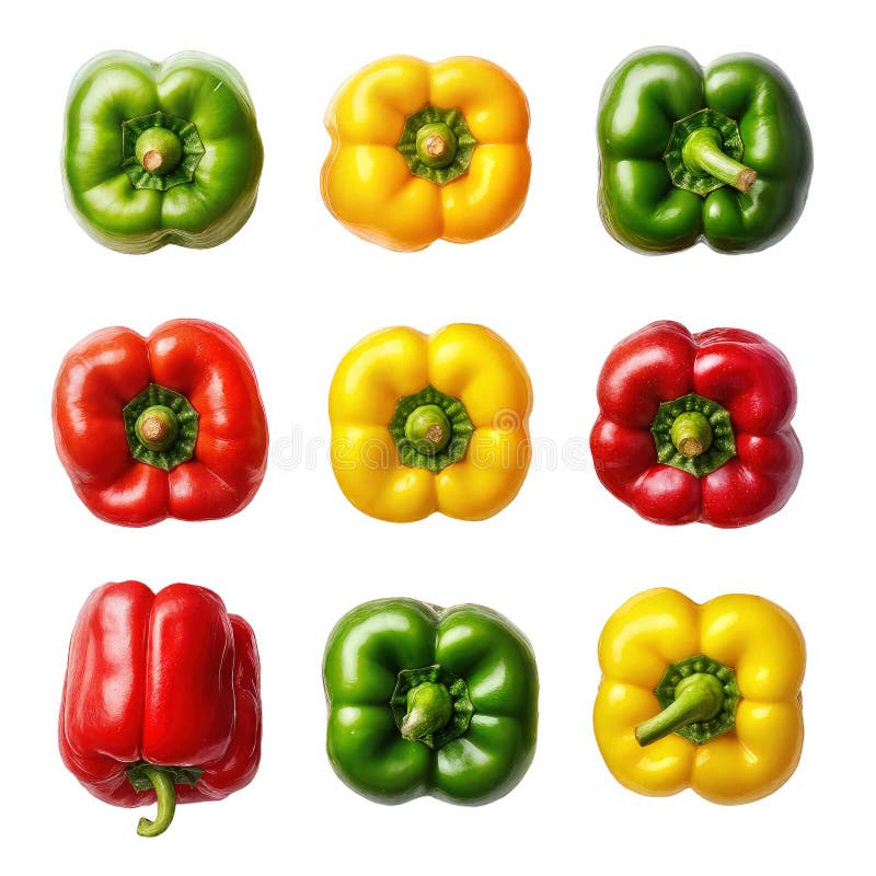 Colorful Assortment of Bell Peppers Arranged in a Grid Pattern on a ...