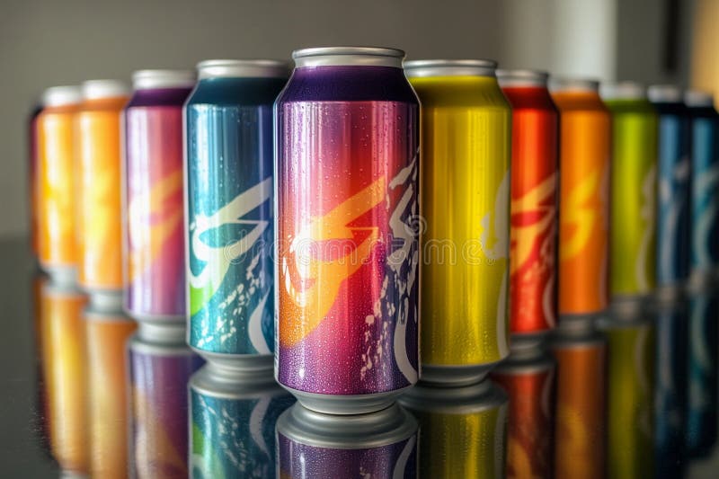 Colorful Beverage Cans Arranged on a Reflective Surface in a Modern ...