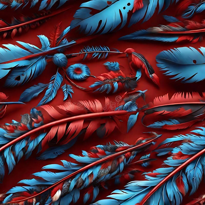 Variety Blue American Indian Feather Seamless Pattern on Red Background ...