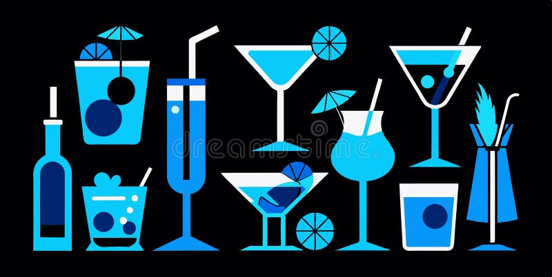 A Collection of Blue Cocktails and Bottles Displayed on a Dark ...