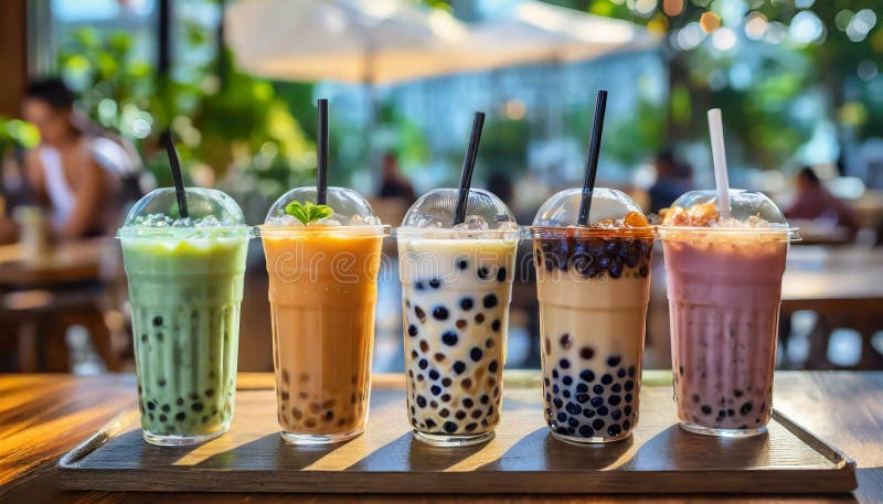 Variety of Boba Bubble Tea with Straws on Table in Cafe Stock ...