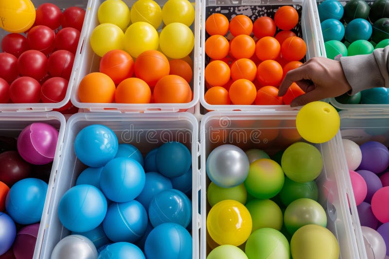 A Variety of Bouncing Balls in Bins, a Person Arranging Colors Stock ...