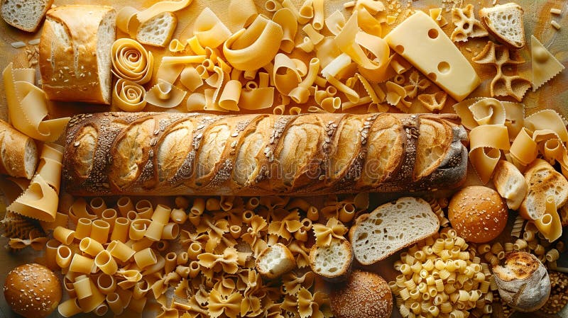 A Variety of Bread and Pasta Displayed on a Wooden Surface during the ...