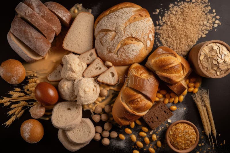 Variety of Bread and Wheat Products on Black Background. Top View ...