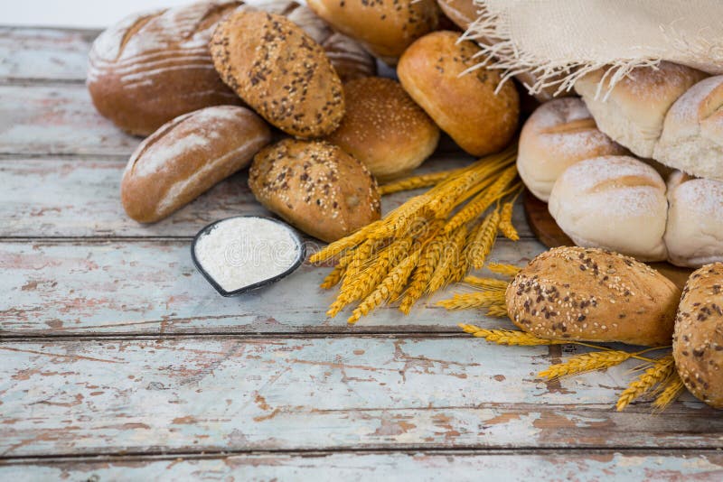 Variety of Breads with Wheat Grains and Flour Stock Image - Image of ...