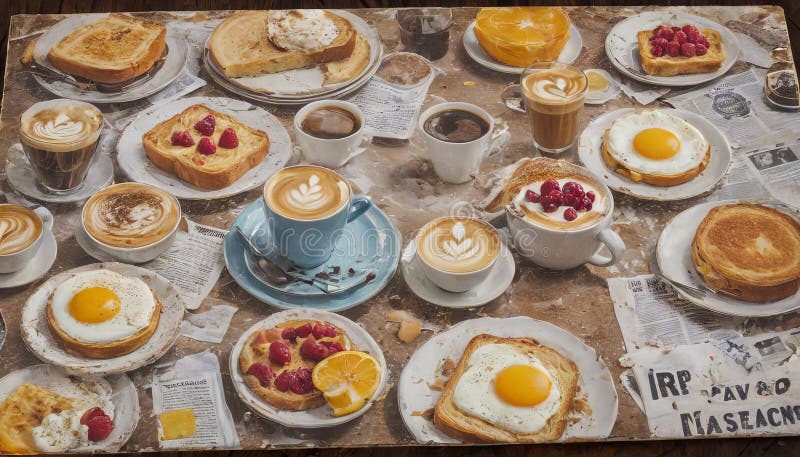 Variety of Breakfast Dishes with Coffee on Rustic Table Stock Photo ...