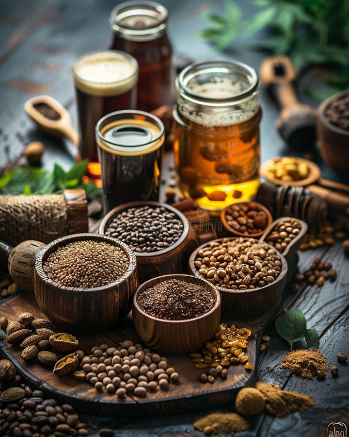 Variety of Brewing Ingredients and Tools on a Table, Front View ...