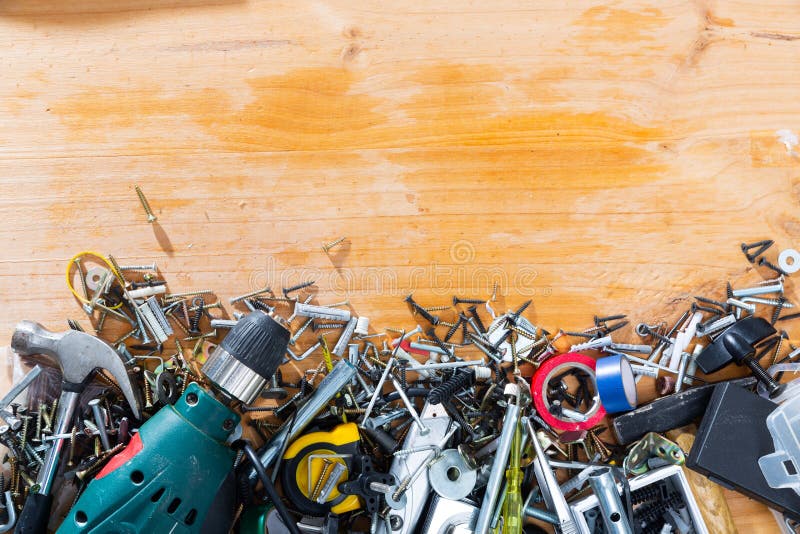 Variety of Building Hardware and Tools with Space for Text Stock Photo ...
