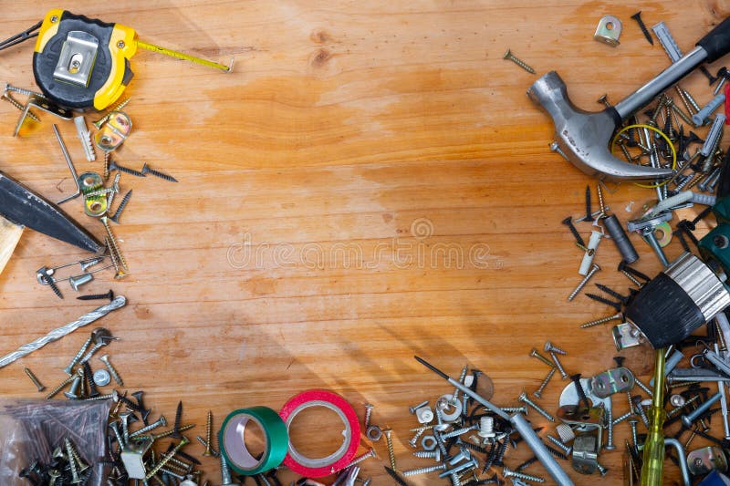 Variety of Building Hardware and Tools with Space for Text Stock Photo ...