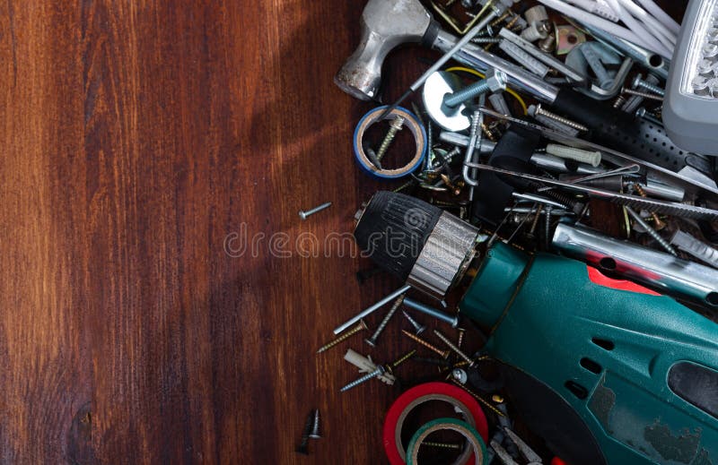 Variety of Building Hardware and Tools with Space for Text Stock Photo ...