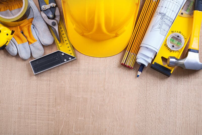 Variety of Building Objects on Oak Wooden Board Stock Photo - Image of ...