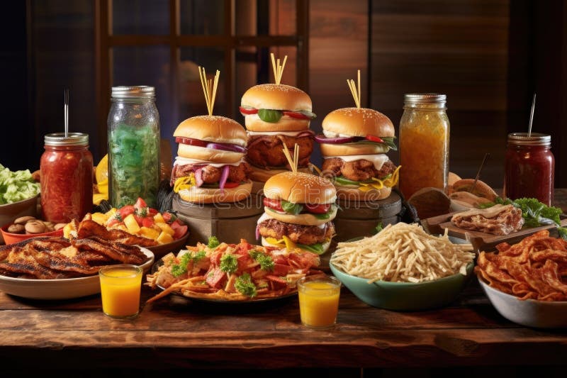 Variety of Burger Toppings and Condiments on Table Stock Photo - Image ...