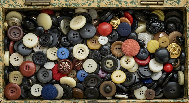 Variety of Buttons in Decorative Box for Sewing and Crafts Stock Image ...