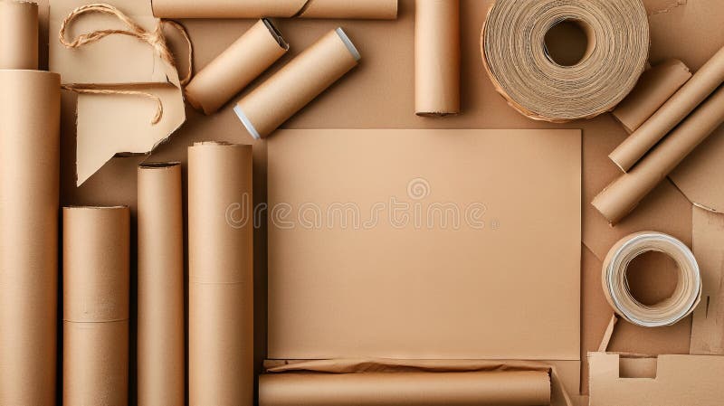 A Variety of Cardboard Boxes and Rolls of Brown Paper on a Brown ...