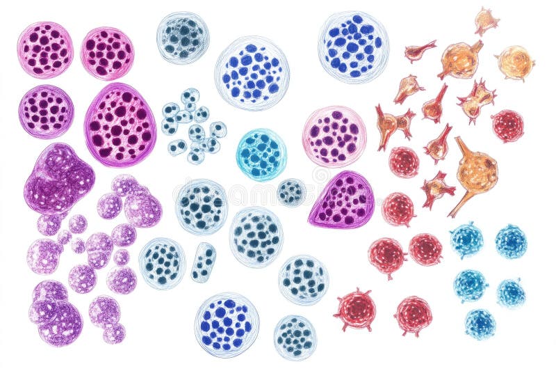A Variety of Cell Types on a Plain White Background Stock Image - Image ...