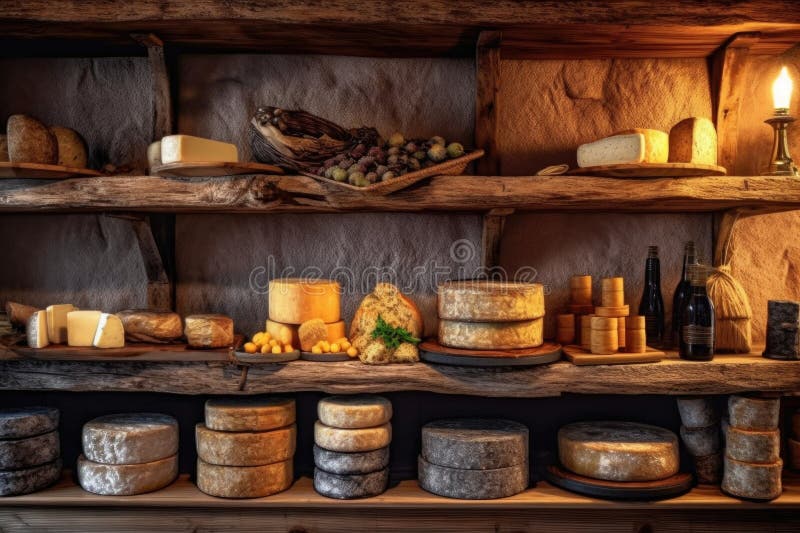 Variety of Cheese Wheels on Rustic Wooden Shelves Stock Illustration ...