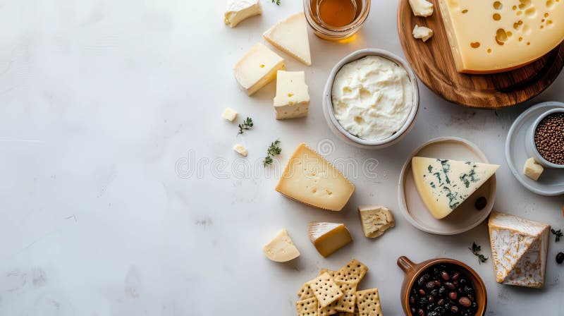 Variety of Cheeses Arranged on a Light Surface. Includes Soft Cheese ...