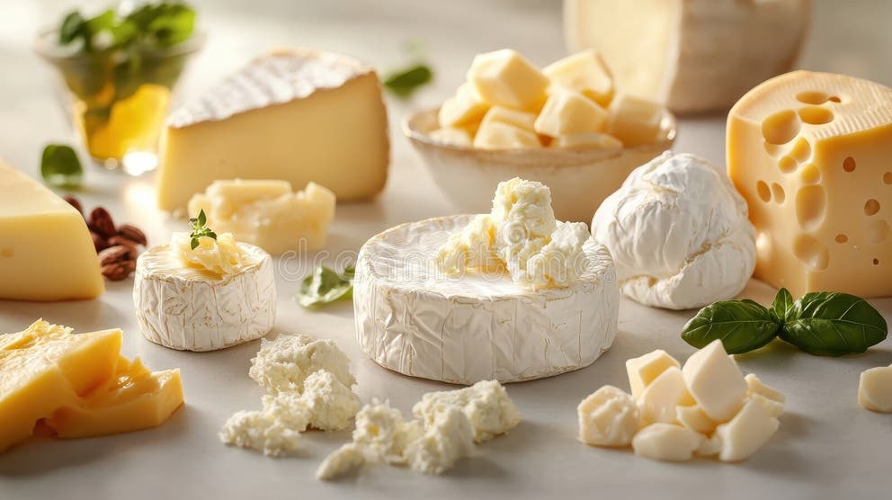 A Variety of Cheeses Arranged on a Surface, Showcasing Textures and ...