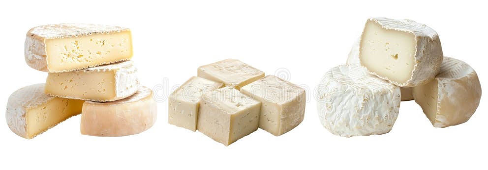A Variety of Cheeses, Including a Round Brie, a Stack of Rectangular ...