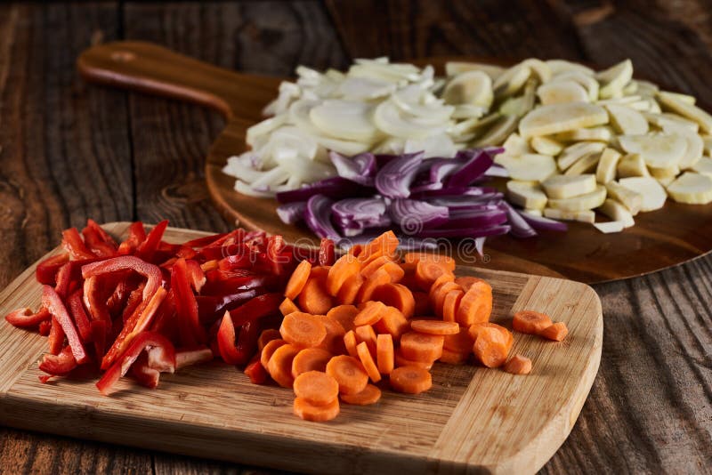 Variety of Chopped Vegetables Stock Photo - Image of slices, board ...