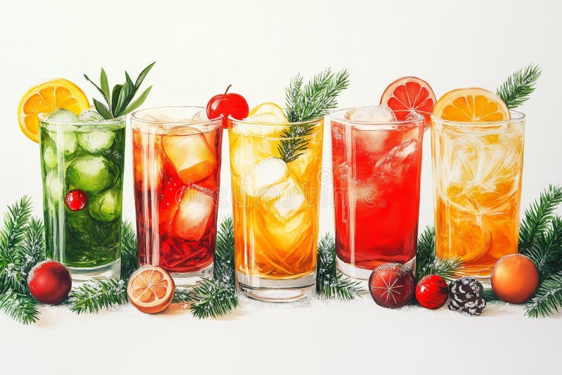 Variety of Christmas Cocktails or Mocktails on a White Background ...