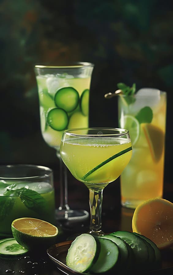 A Variety of Cocktails with Cucumber and Lemon Stock Illustration ...