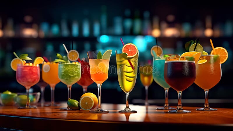 A Variety of Cocktails are Placed on the Counter Bar in the Restaurant ...