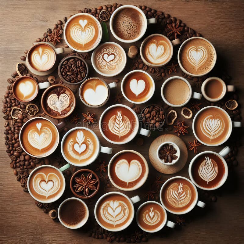 Variety of Coffee Cups with Intricate Latte Art Designs Stock Photo ...