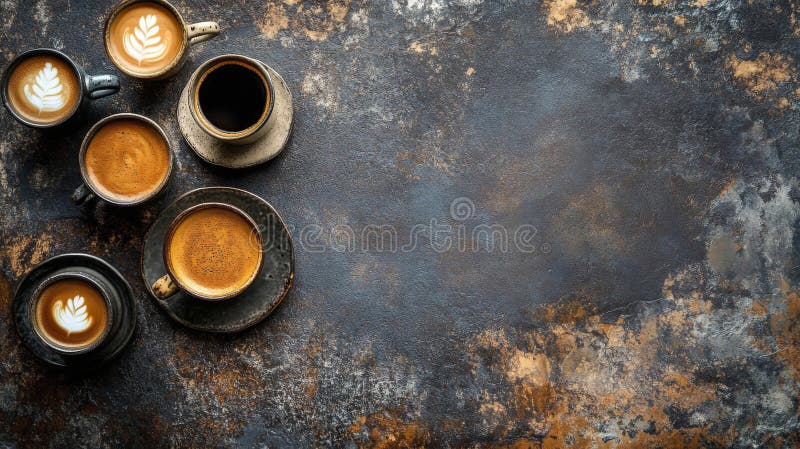 Variety of Coffee Drinks on Dark Rustic Background Stock Illustration ...