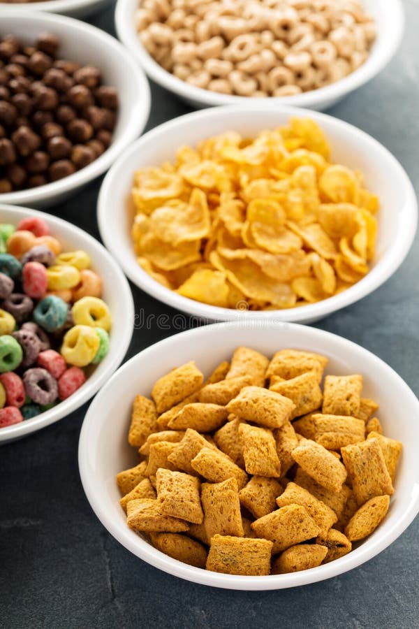 Variety of Cold Cereals in White Bowls Stock Image - Image of fresh ...