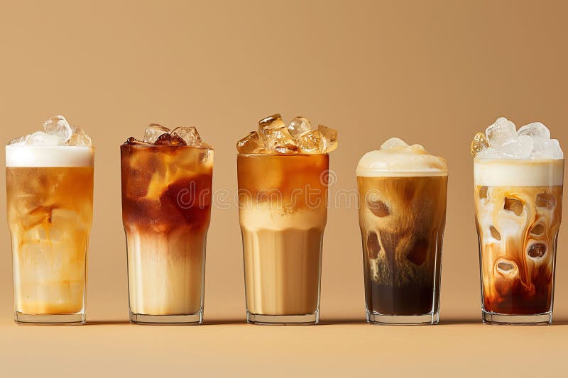 A Variety of Cold Coffee Beverages in Different Glasses on a Beige ...