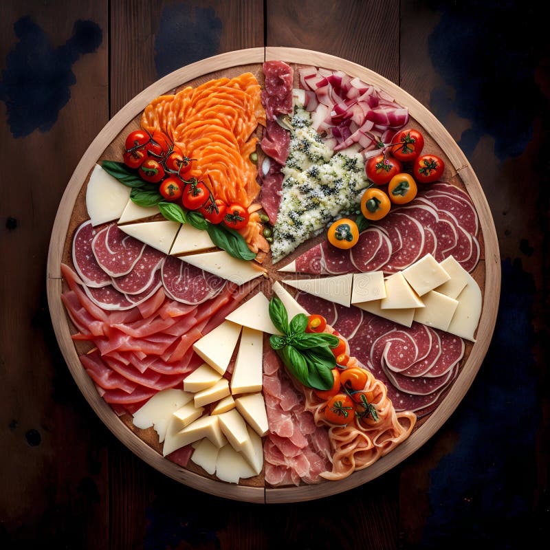 Variety of Cold Cuts on a Wooden Board, Top View. Stock Illustration ...