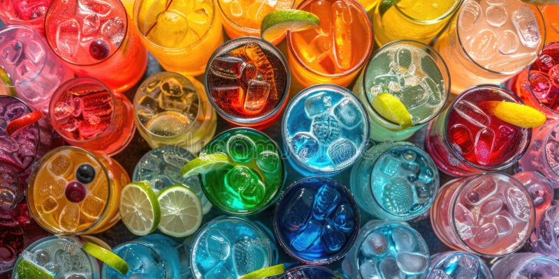 Variety of Colored Drinks stock photo. Image of night - 375397364