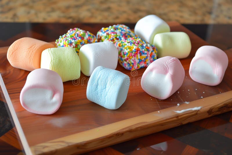 A Variety of Colored Marshmallows on a Wooden Cutting Board Stock Image ...