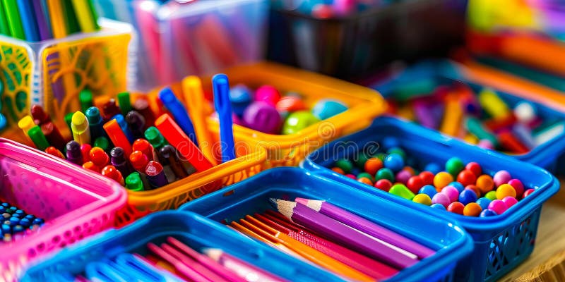 A Variety of Colored Pencils and Markers are in Plastic Containers ...