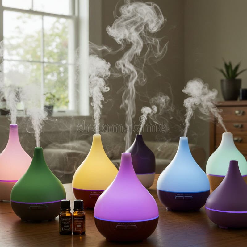 A Variety of Colorful Aromatherapy Diffusers are Arranged on a Wooden Surface. Each Stock ...