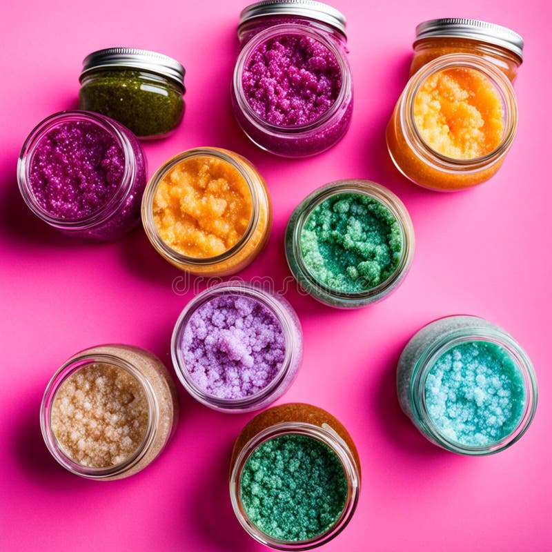 Variety of Colorful Body Scrub Textures in Clear Jars on Pink Surface ...