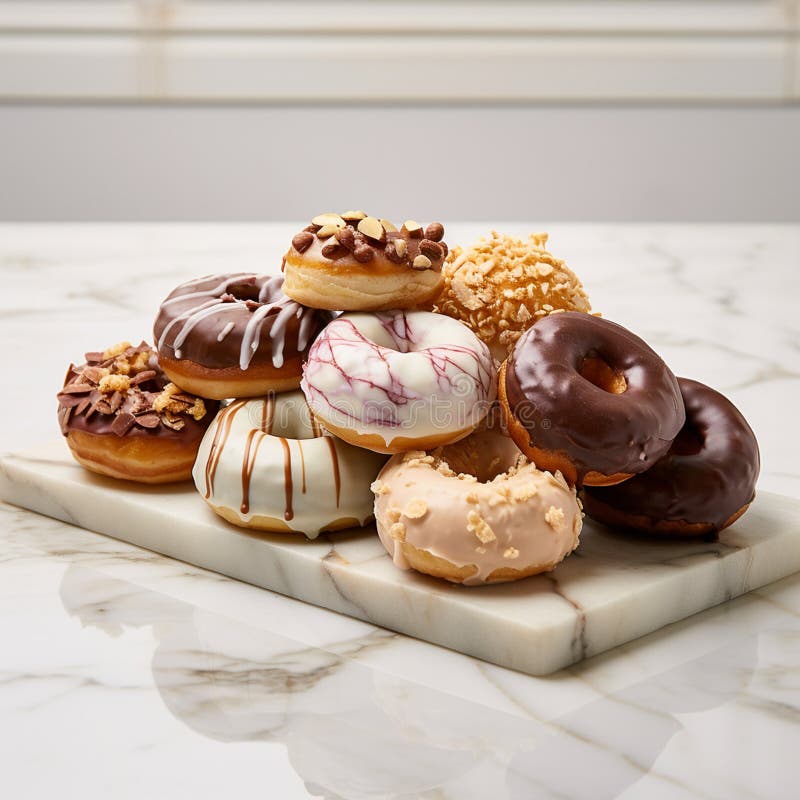 A Variety of Colorful Gourmet Donuts Placed on a Marble Tabletop Stock ...