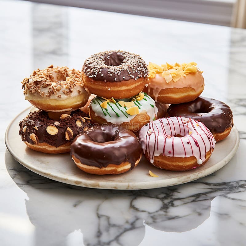 A Variety of Colorful Gourmet Donuts Placed on a Marble Tabletop Stock ...