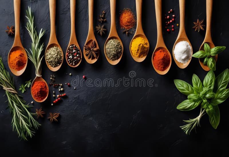 A Variety of Colorful Herbs and Spices on a Dark Background Stock ...