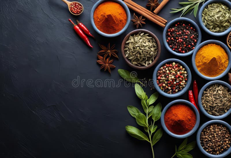 A Variety of Colorful Herbs and Spices on a Dark Background Stock ...