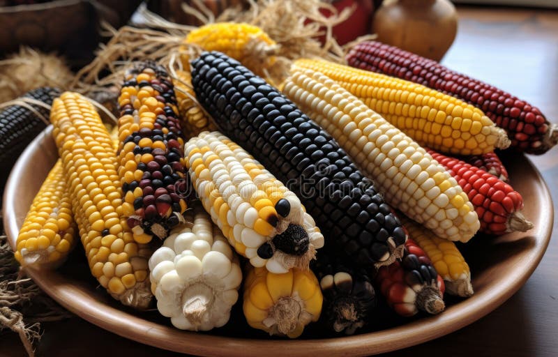Variety of Colorful Indian Corn is Displayed in Bowl. Stock Photo ...