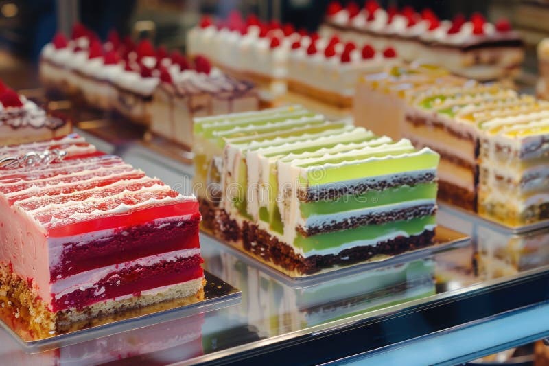 Variety of Colorful Layer Cakes in a Bakery Display Stock Photo - Image ...